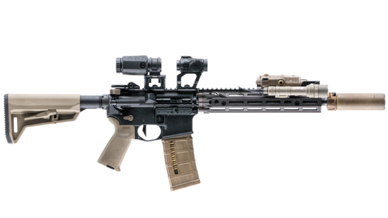 Scalarworks PEAK/02 folding iron sights for AR15 rifles.